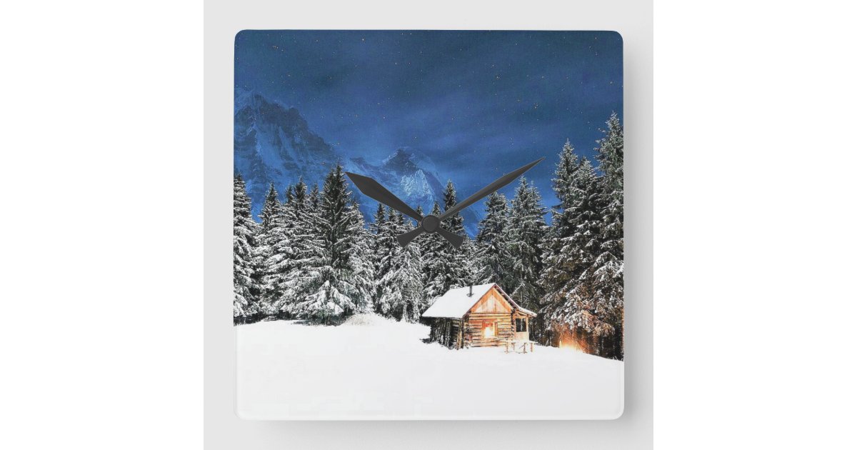 Log Cabin Mountain View Square Wall Clock | Zazzle