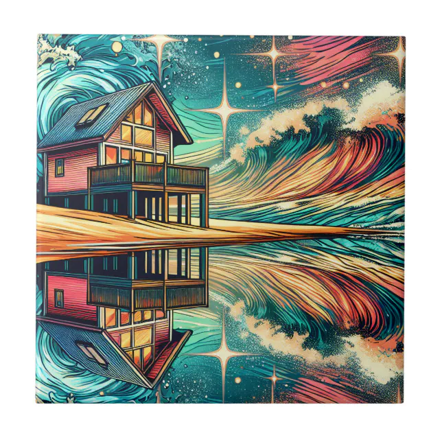 Log Cabin on the Beach Ai Art Ceramic Tile | Zazzle