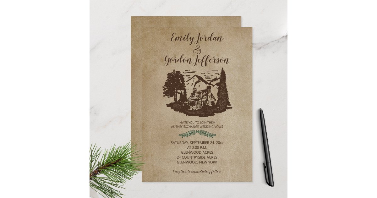 Log Cabin Rustic Outdoor Wedding Lodge Mountain Invitation | Zazzle