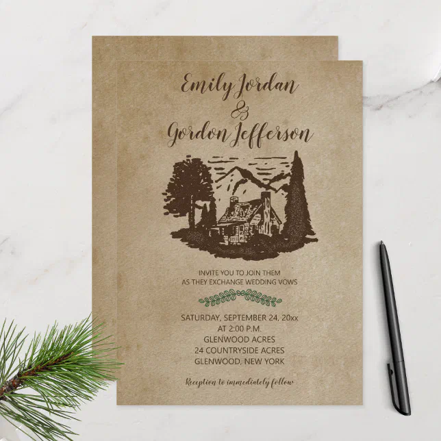 Log Cabin Rustic Outdoor Wedding Lodge Mountain Invitation | Zazzle
