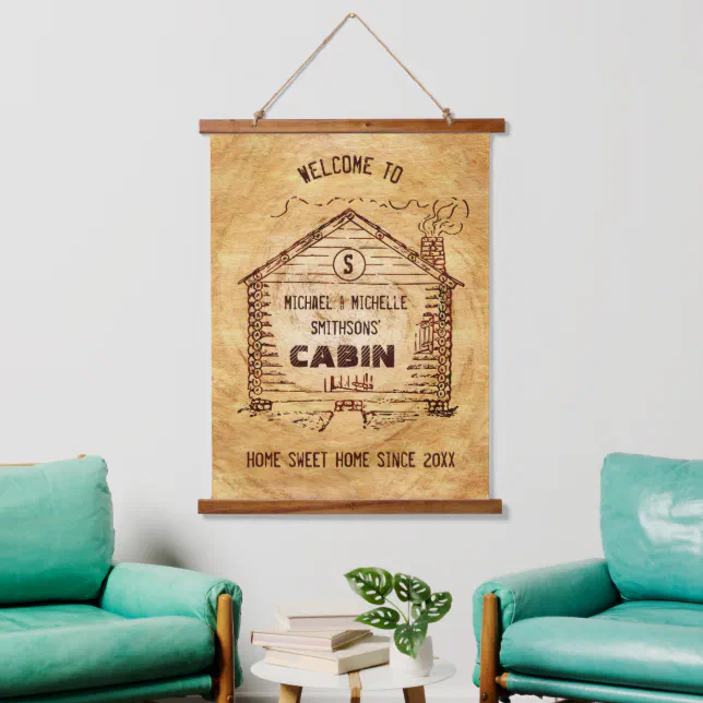 Log Cabin Rustic Wood Look | Personalized Welcome Hanging Tapestry | Zazzle