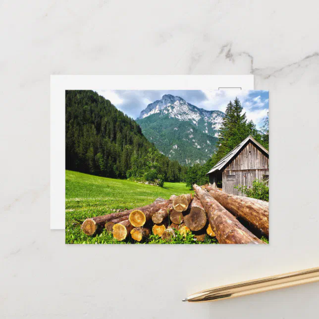 Logging Camp in the Forest with Mountains Postcard | Zazzle