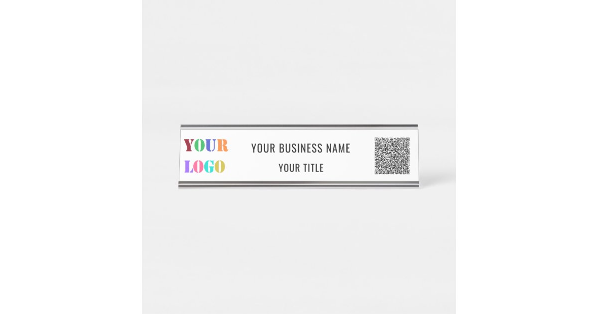 Logo and QR Code Business Desk Name Plate Template | Zazzle