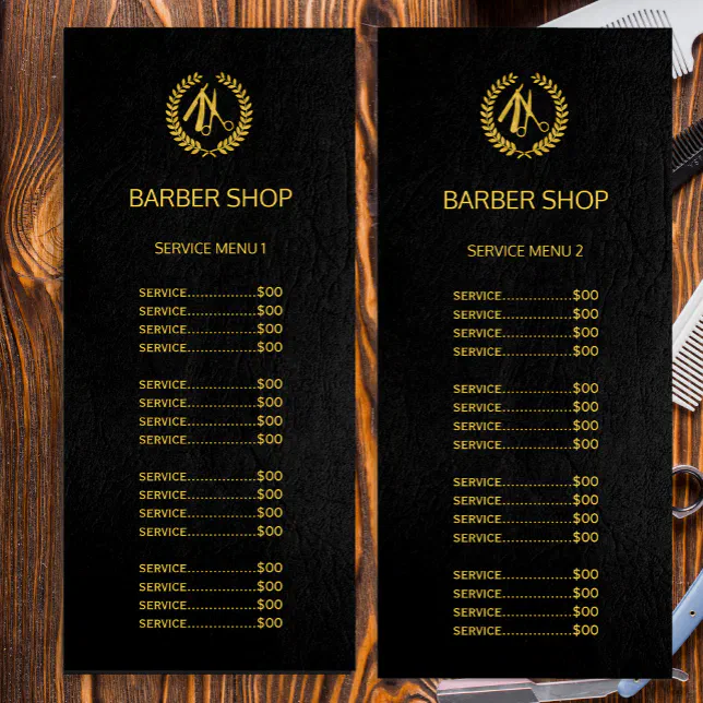 Logo barber shop gold black leather service menu | Zazzle