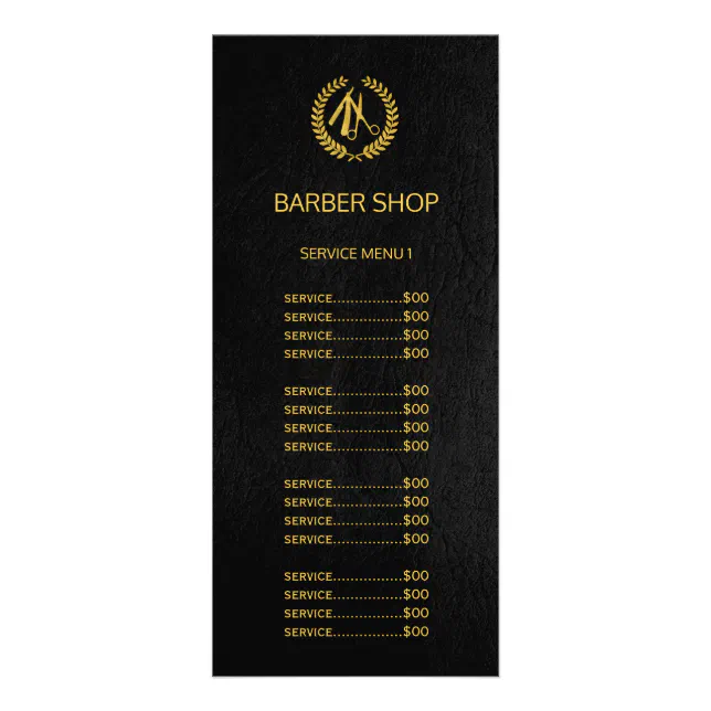 Logo barber shop gold black leather service menu | Zazzle