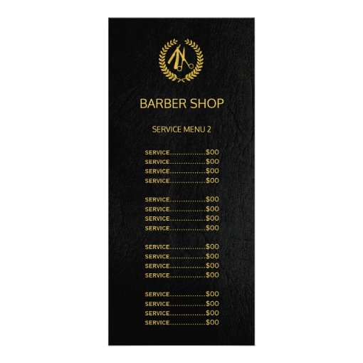 Logo barber shop gold black leather service menu | Zazzle