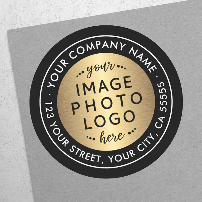 Logo black and golden gradient return address classic round sticker ...