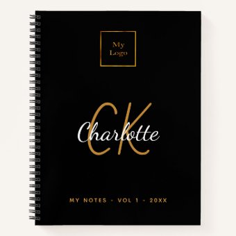 Logo black gold monogram modern business notebook | Zazzle