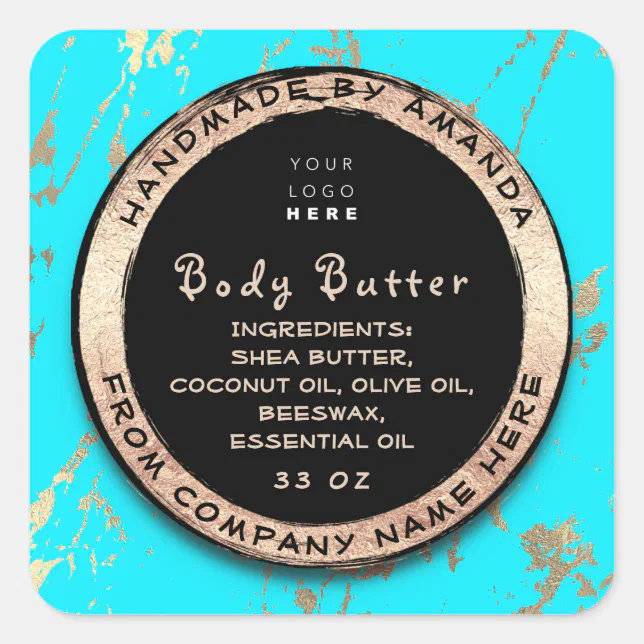 Logo Body Balm Butter Cosmetic Gold Frame Blue Square Sticker | Zazzle