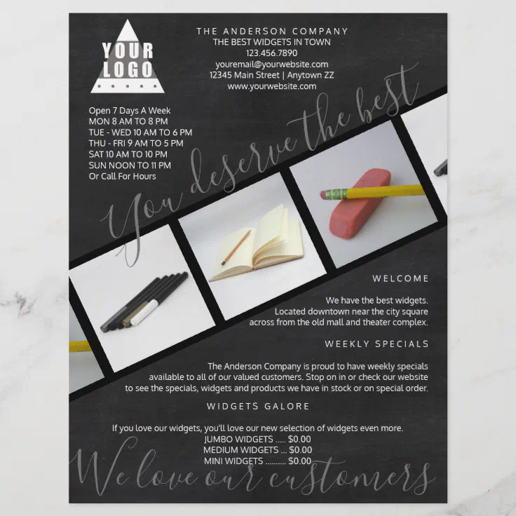 Logo Chalkboard Asymmetrical 3 Photo Collage Flyer | Zazzle