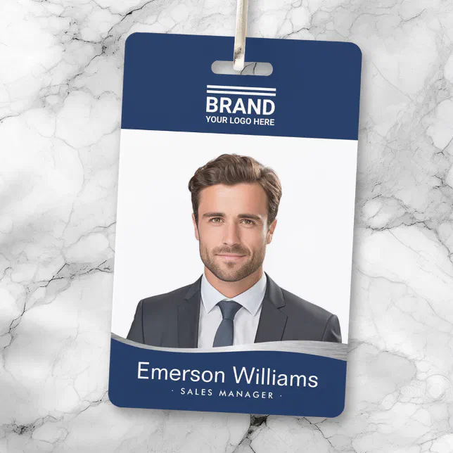 Logo dark blue faux silver wave employee name id badge | Zazzle