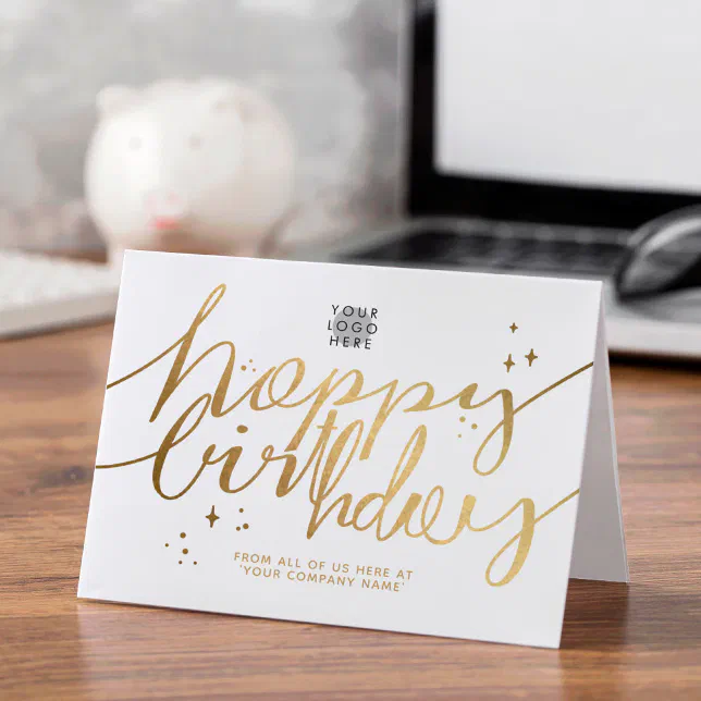 Logo Faux Gold Hand Script Birthday Clean White Card | Zazzle