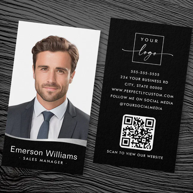 Logo faux silver wave photo QR black business card | Zazzle