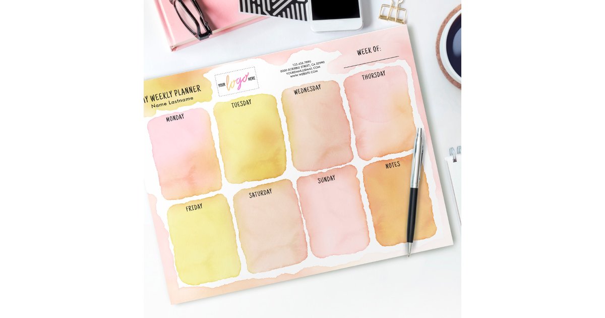 Logo Girly Pink Yellow Watercolor Weekly Planner Notepad | Zazzle