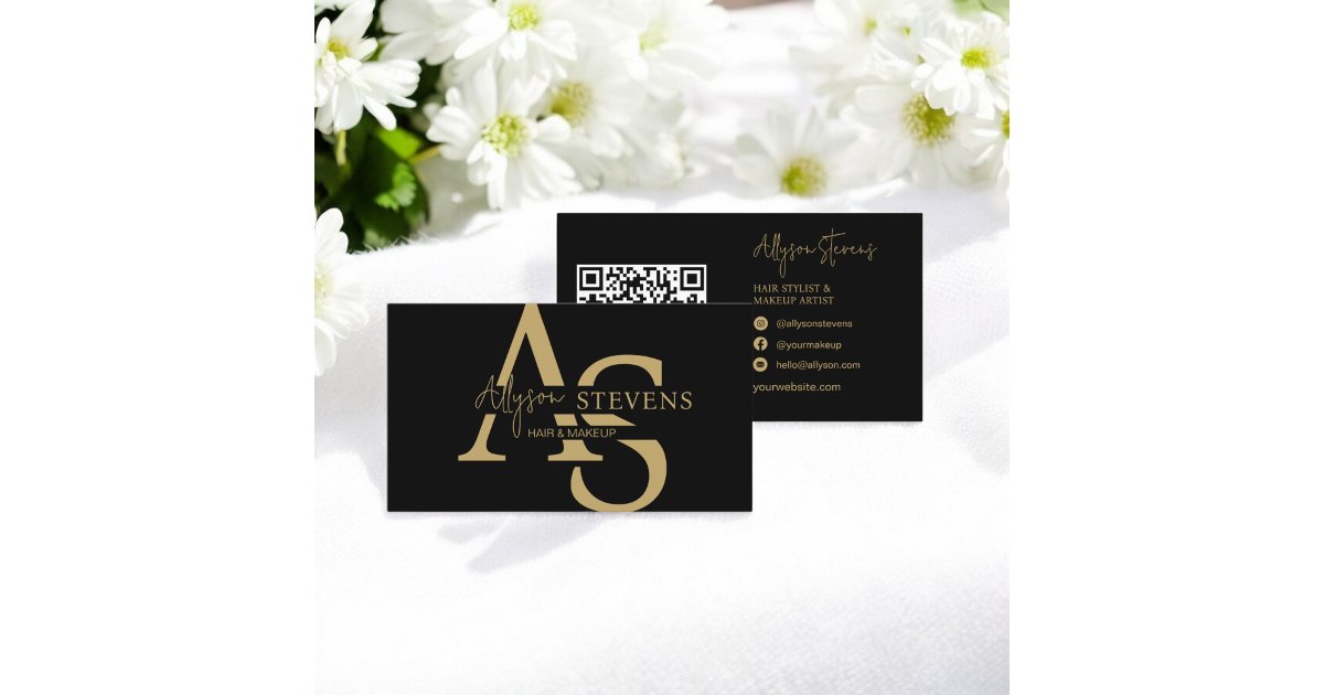 Logo gold initials hair makeup qr code business card | Zazzle