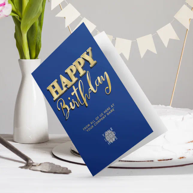 Logo Gold Lettering Business Birthday Navy Blue Card | Zazzle