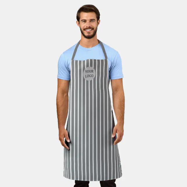 Logo Grey White Simple Elegant Stripes Pattern Apron | Zazzle