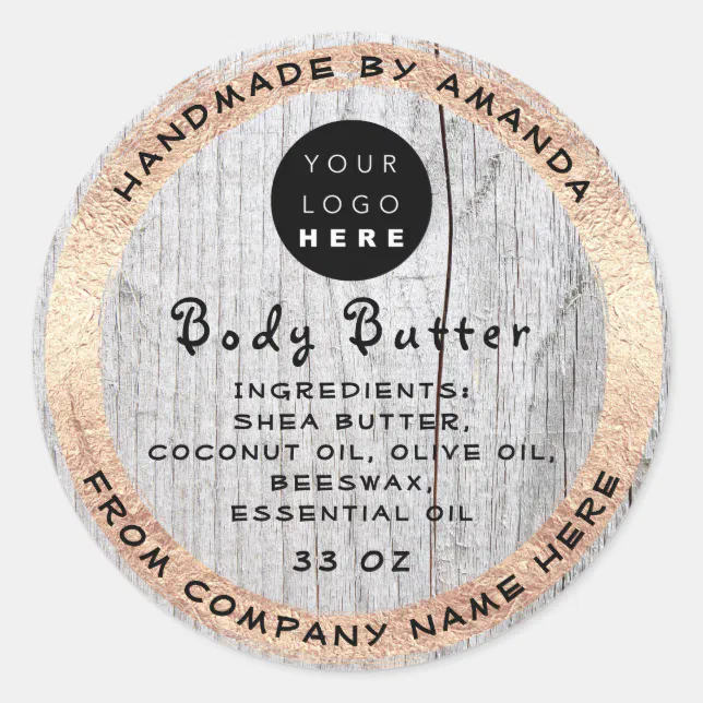 Logo Handmade Name Body Butter Cosmetic Wood Classic Round Sticker | Zazzle