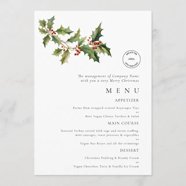 Logo Holly Business Christmas Party Menu Card | Zazzle