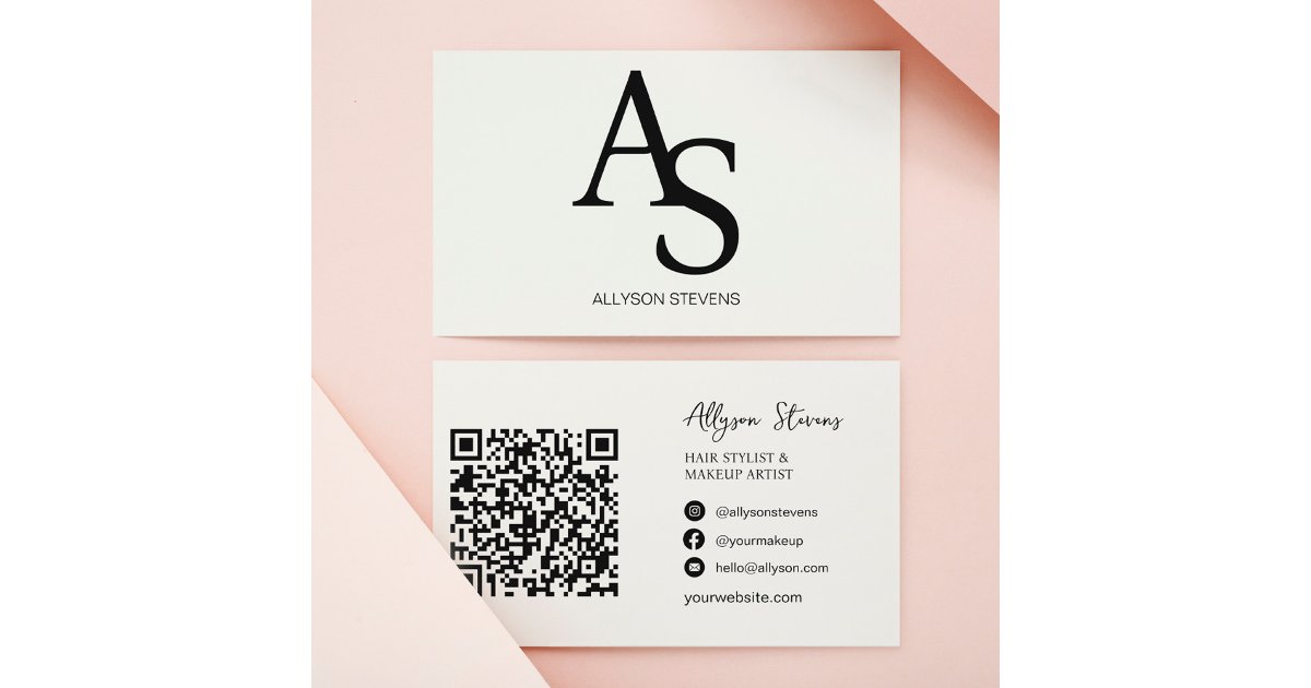 Logo initials Black white hair makeup qr code Business Card | Zazzle