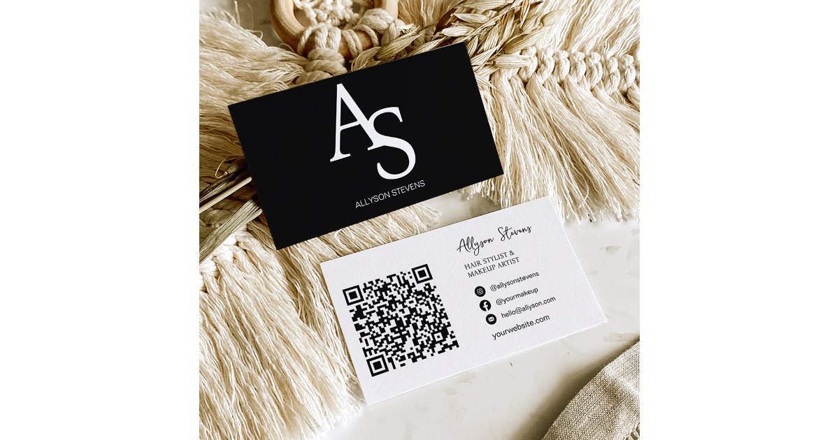 Logo initials white black hair makeup qr code business card | Zazzle