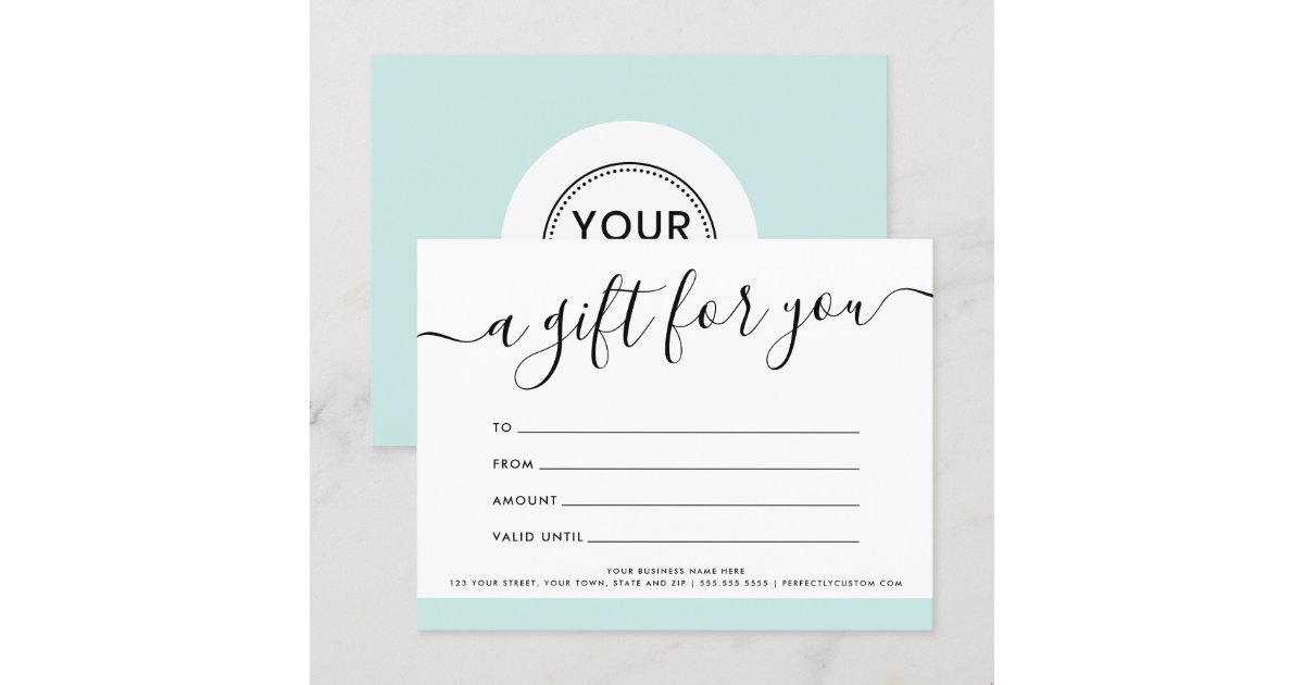 Logo light aqua blue gift voucher certificate card | Zazzle