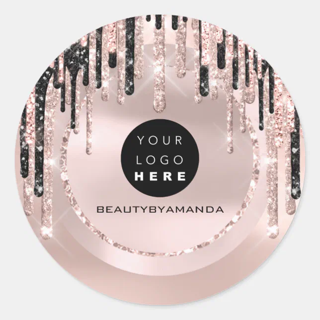 Logo Name Hair Makeup Artist Drips Glitter Rose Classic Round Sticker ...
