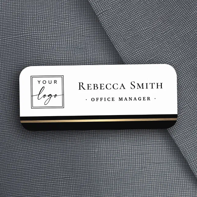 Logo name title black border white modern name tag | Zazzle