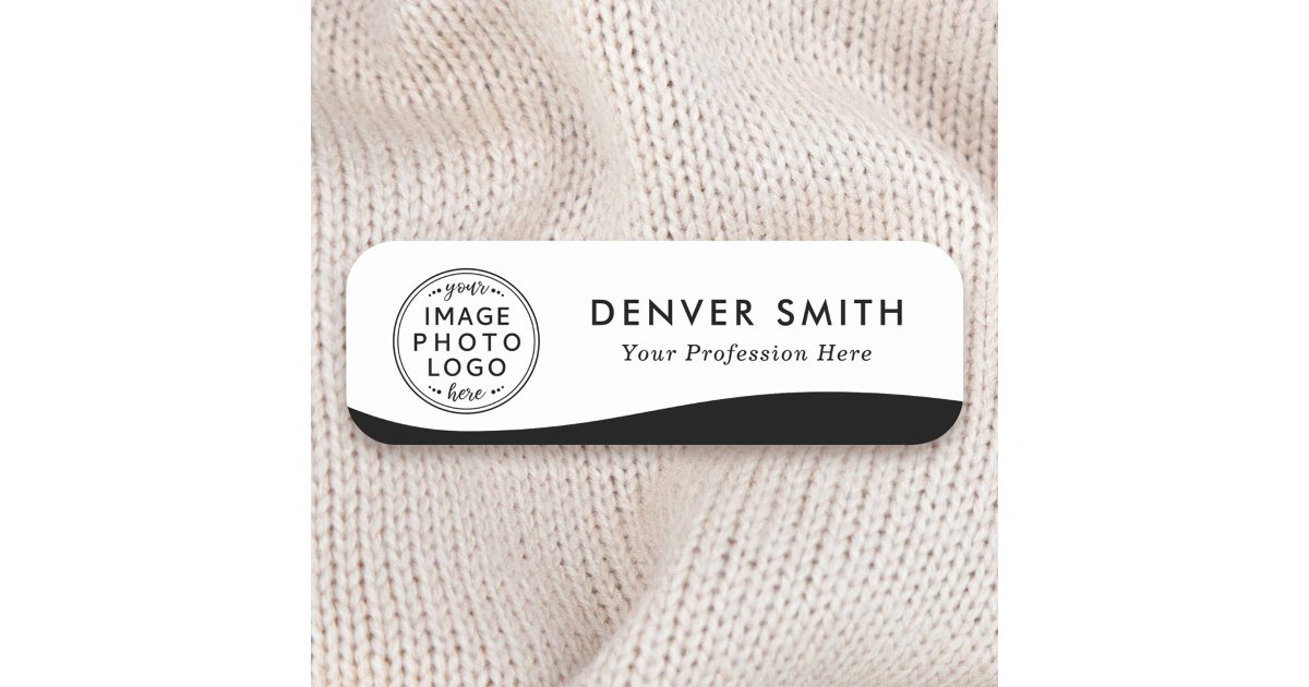 Logo name title black wave white modern name tag | Zazzle
