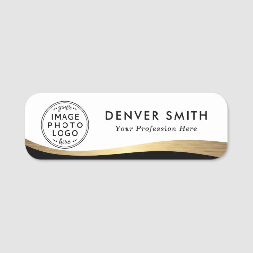 Logo name title black white faux golden gradient name tag | Zazzle