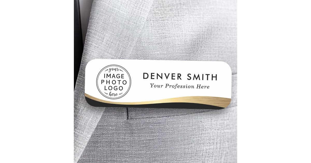 Logo name title black white faux golden gradient name tag | Zazzle