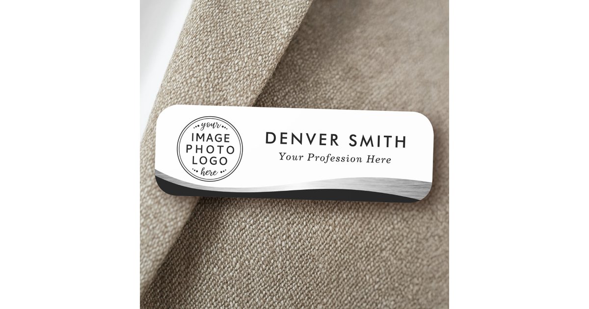 Logo name title black white faux silver gradient name tag | Zazzle