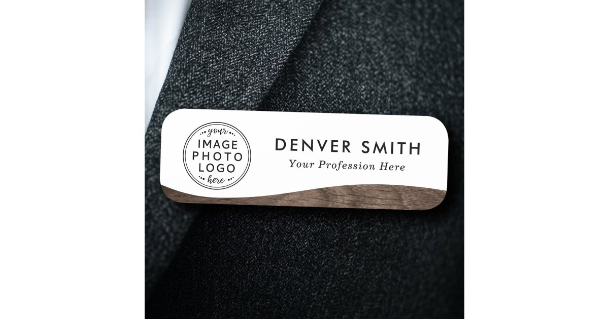 Logo name title brown wood grain wave white modern name tag | Zazzle