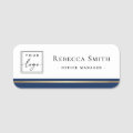 Logo name title dark blue border white modern name tag | Zazzle