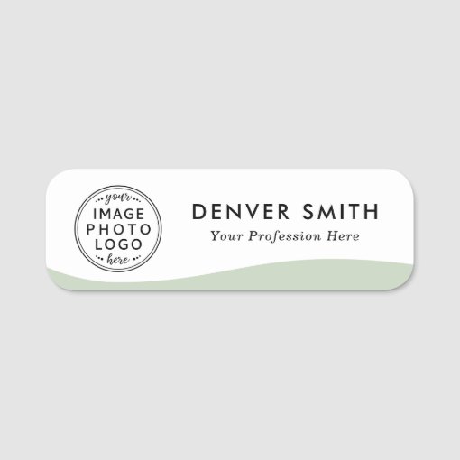 Logo name title light sage green wave white modern name tag | Zazzle