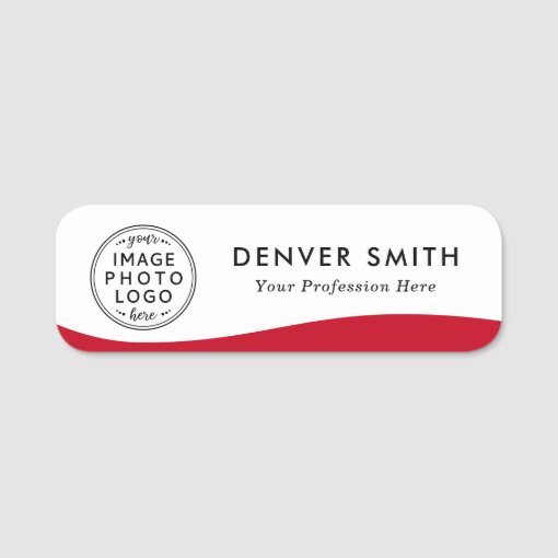 Logo name title red wave white modern name tag | Zazzle