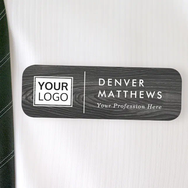 Logo name title white divider dark black wood name tag | Zazzle