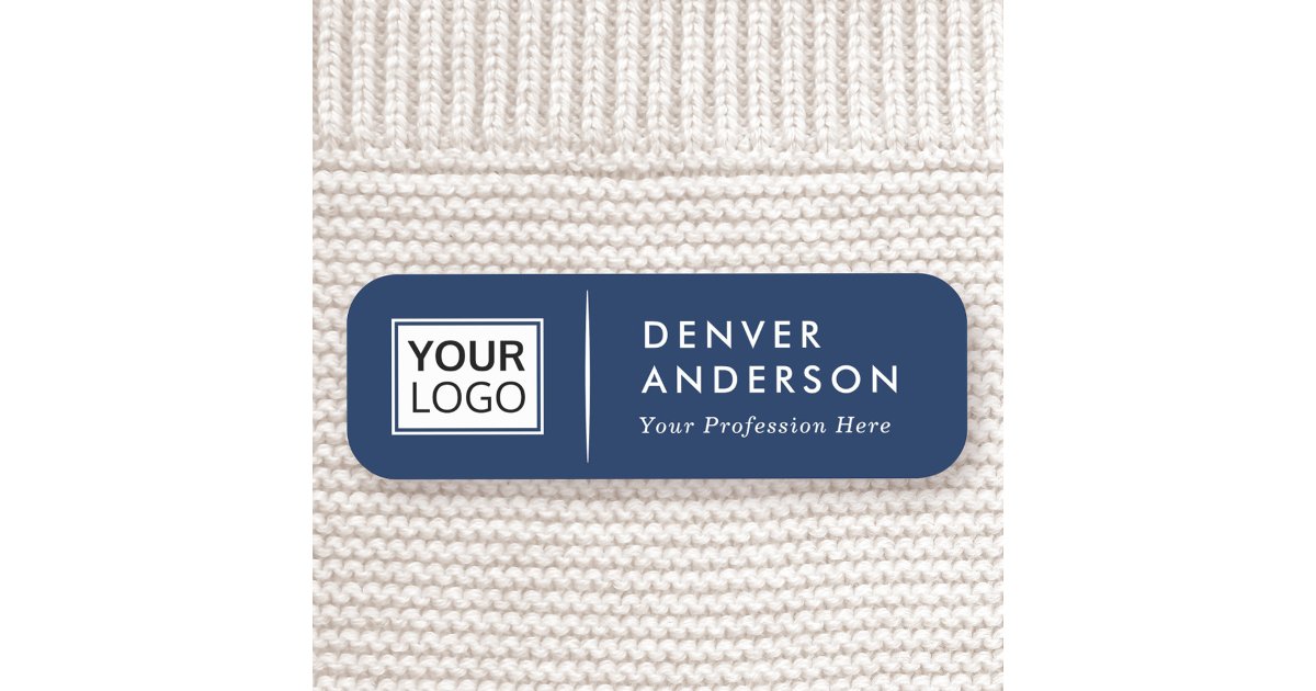Logo name title white divider dark blue name tag | Zazzle