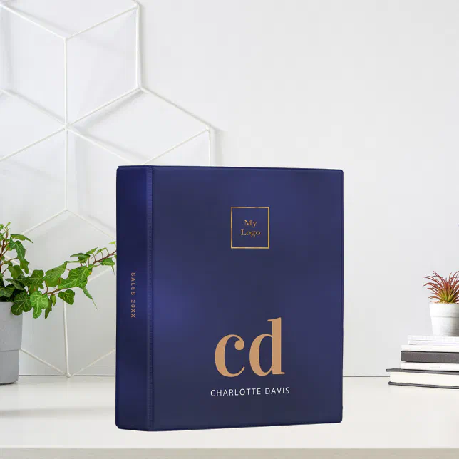 Logo navy blue monogram gold business office mini binder | Zazzle