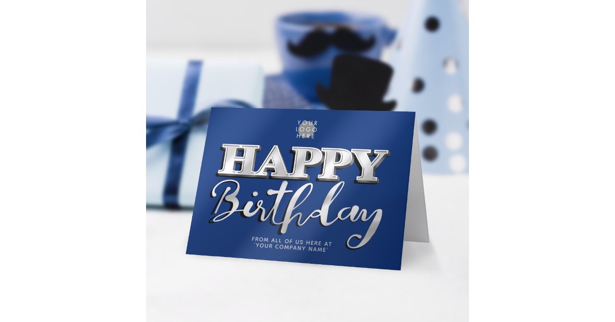 Logo Navy Blue Silver Lettering Business Birthday Card | Zazzle