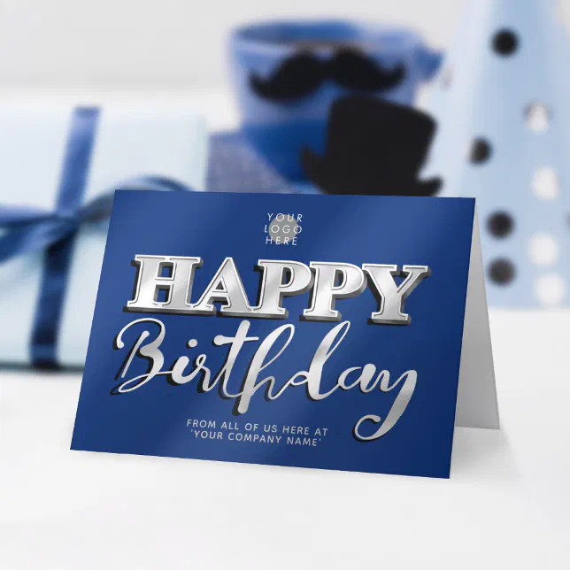 Logo Navy Blue Silver Lettering Business Birthday Card | Zazzle