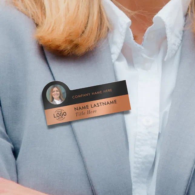 Logo Photo Professional Sleek Faux Copper Black Name Tag | Zazzle