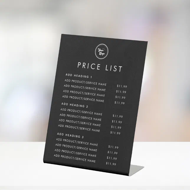 Logo Price List Simple Minimal Minimalist Black Pedestal Sign | Zazzle