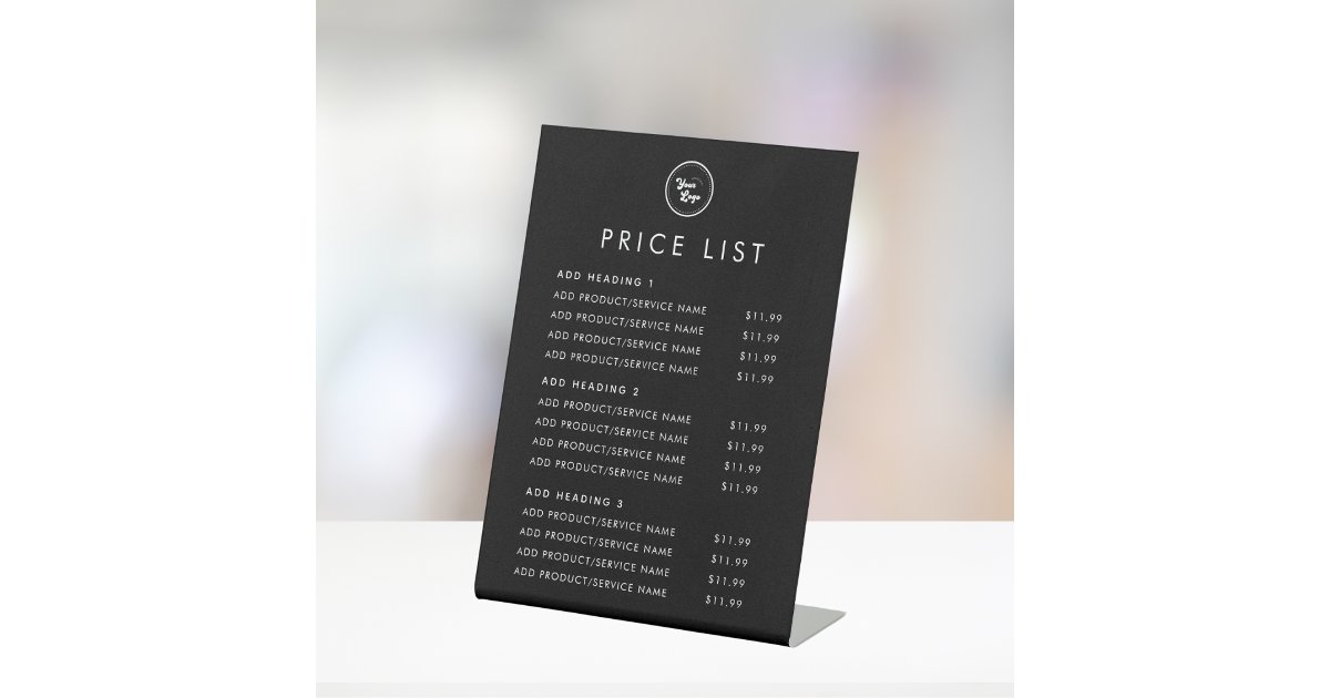 Logo Price List Simple Minimal Minimalist Black Pedestal Sign | Zazzle