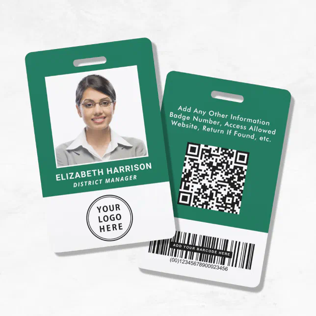 Logo QR Bar Codes Green Employee Photo ID Badge | Zazzle