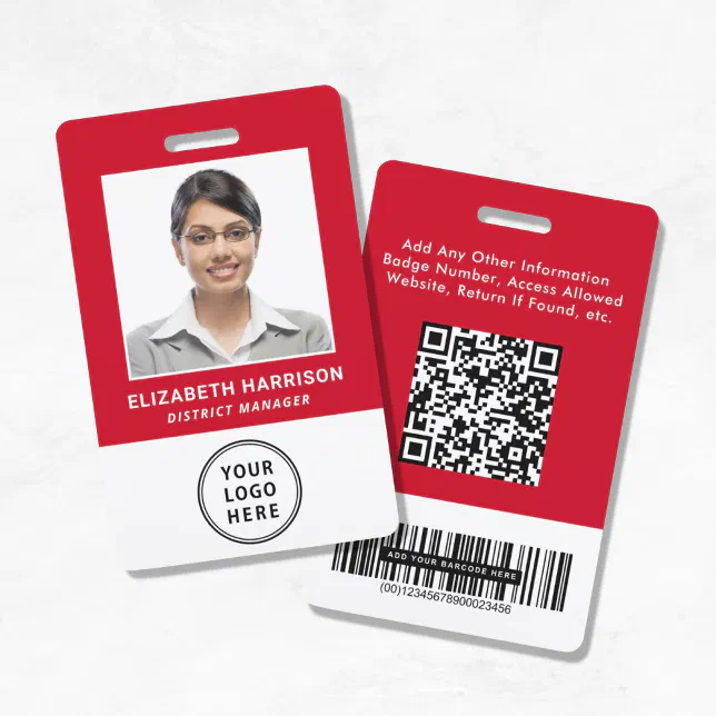 Logo QR Bar Codes Red Employee Photo ID Badge | Zazzle