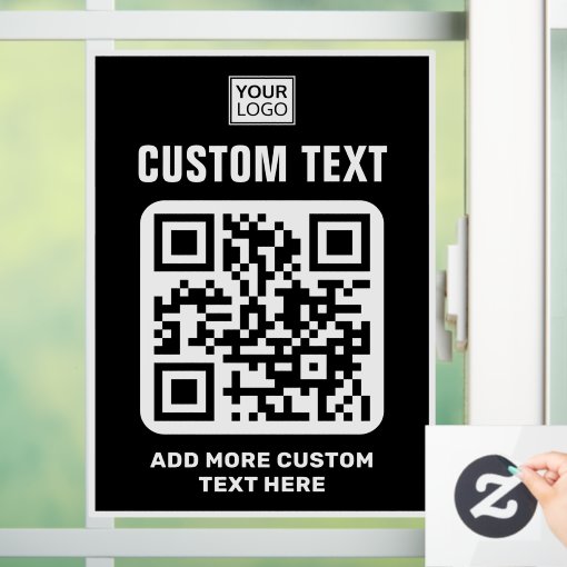 Logo, QR code and custom text black and white Window Cling | Zazzle