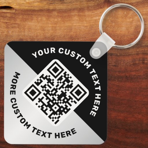 Logo QR code and text black gray gradient Keychain | Zazzle