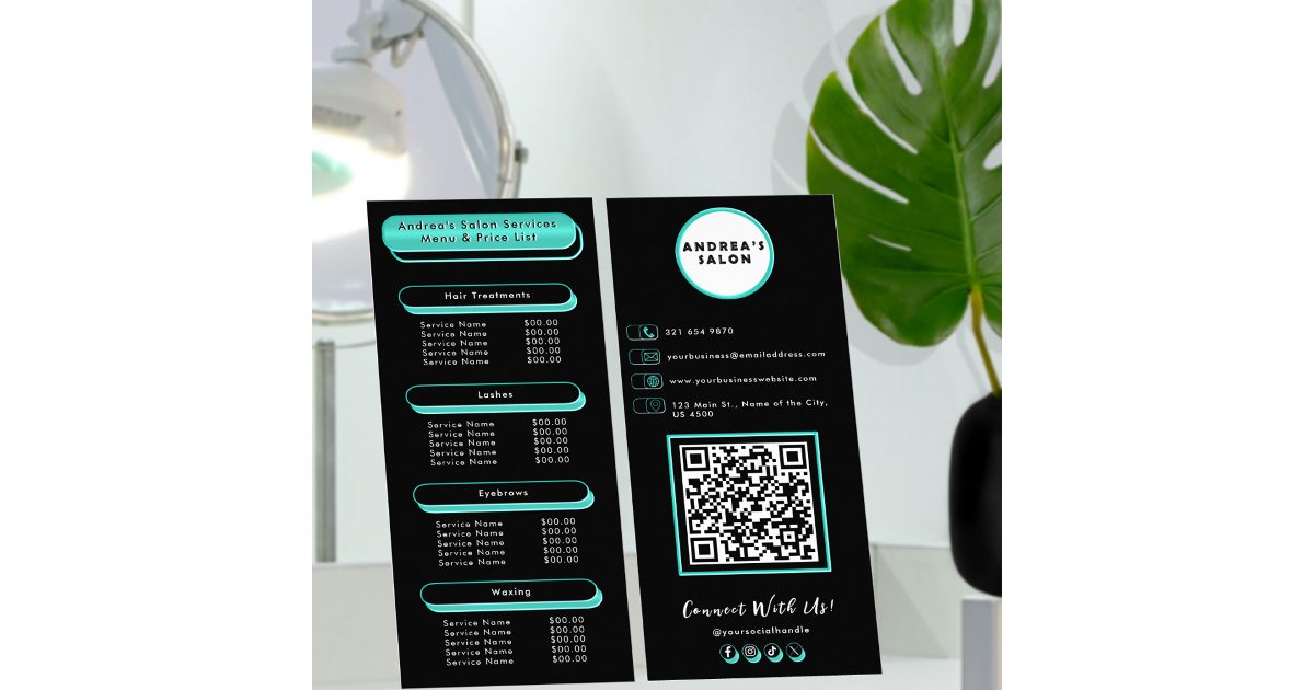 Logo & QR Code Beauty Salon Services Menu Teal | Zazzle