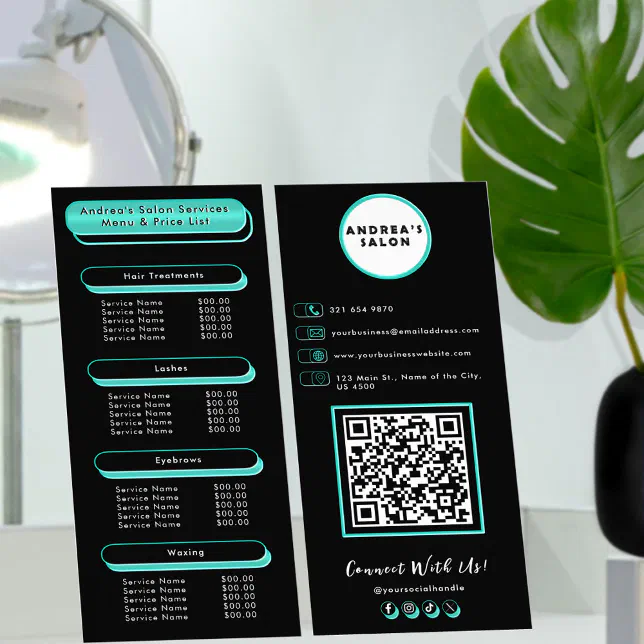 Logo & QR Code Beauty Salon Services Menu Teal | Zazzle